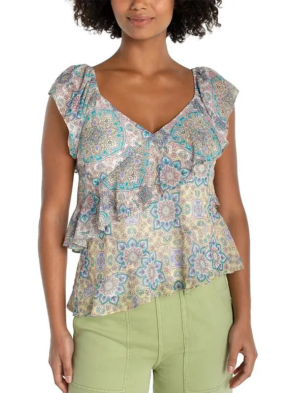 LIVERPOOL Flutter Sleeve Draped Blouse - Cream Citron Multi
