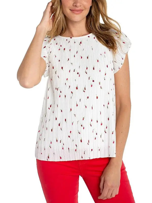 LIVERPOOL Knit Top With Flutter Sleeves - White Red Floral