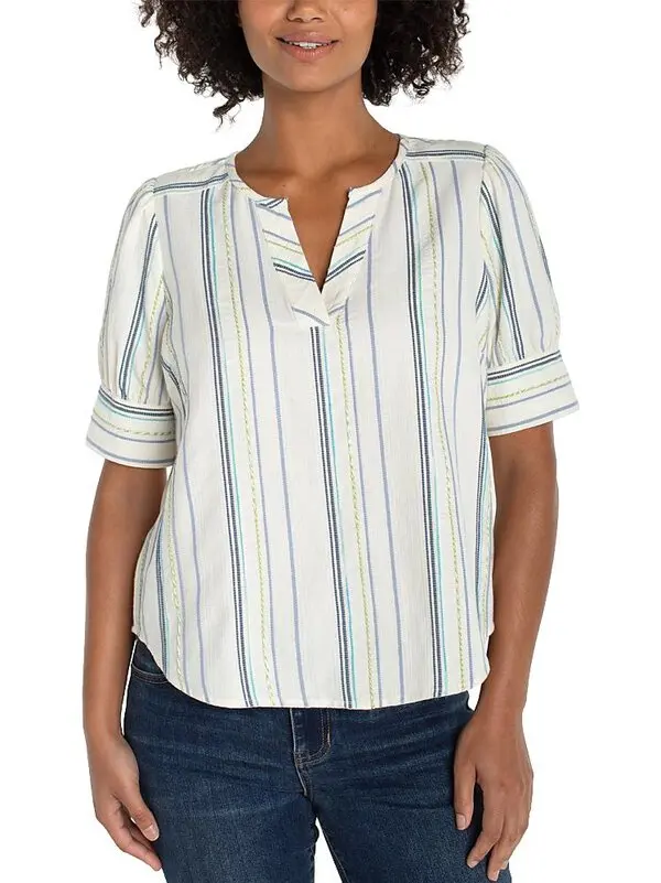 LIVERPOOL Short Sleeve Popover Woven Top - Cream/blue Stripe