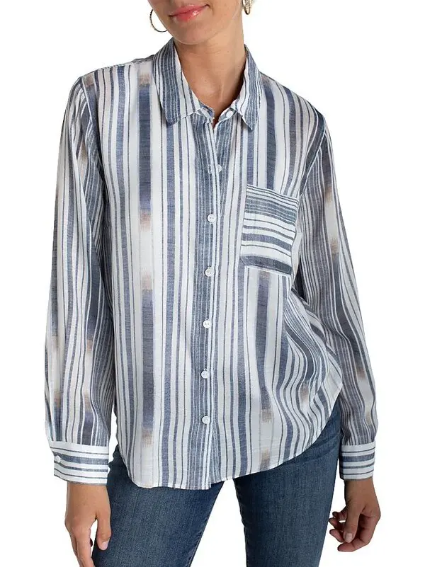 LIVERPOOL Long Sleeve Button Front Shirt - White Chambray Stripe