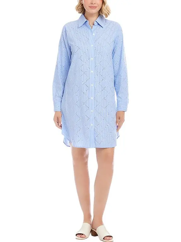 Karen Kane Roll Tab Embellished Shirt Dress - Blue/ Off White
