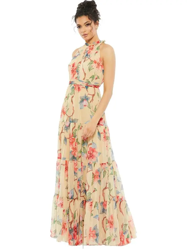 Mac Duggal Floral Halter Neck Maxi Dress - Nude/multi
