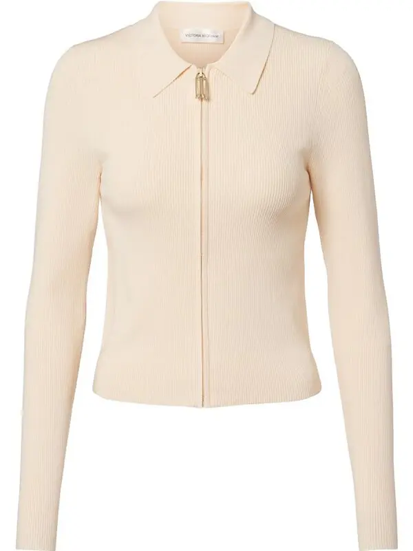 Victoria Beckham Mila Ribbed-knit Zip-up Top - Beige