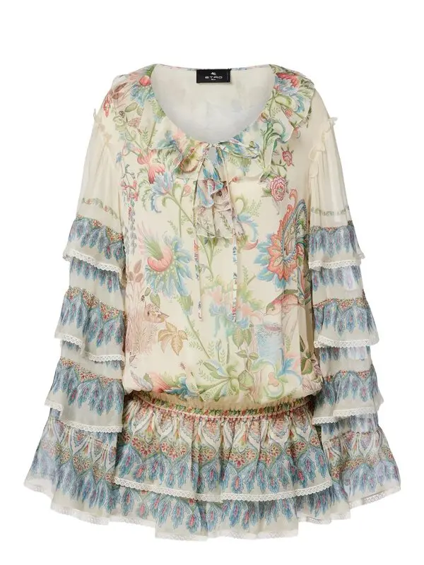 Etro Printed Ruffled Lace-trimmed Silk Minidress - White