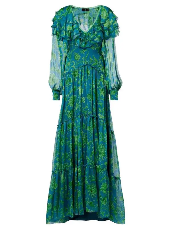 Etro Floral Ruffled Tiered Silk Chiffon Maxi Dress - Blue