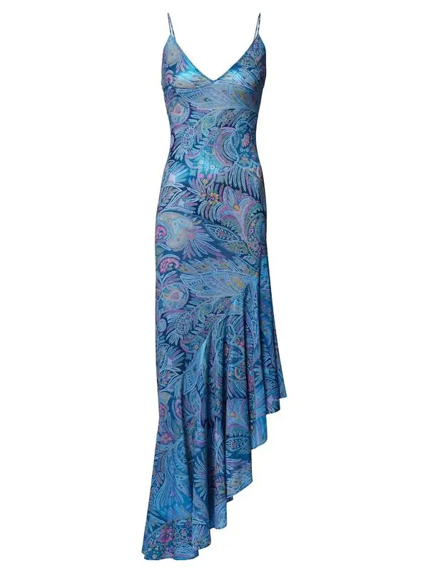 Etro Paisley Asymmetric Ruffled Midi Dress - Blue
