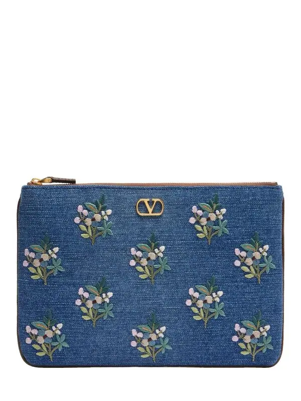 Valentino Garavani Vlogo Embroidered Denim Pouch - Blue