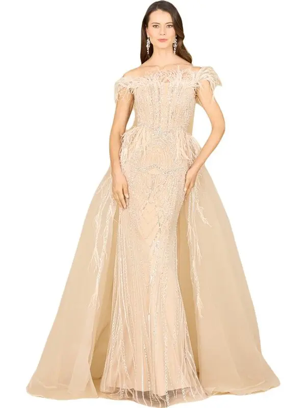 LARA NEW YORK Off-shoulder Feathered Gown - Champagne
