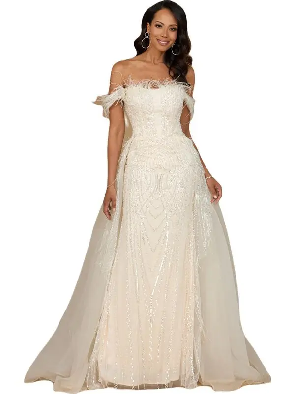 LARA NEW YORK Off-shoulder Feathered Gown - Ivory