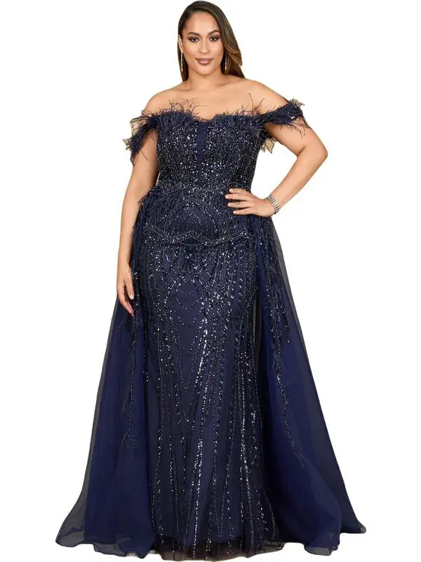 LARA NEW YORK Off-shoulder Feathered Gown - Navy