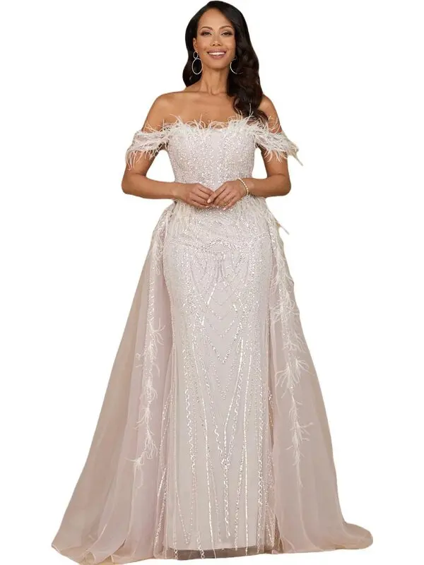 LARA NEW YORK Off-shoulder Feathered Gown - Powder Pink