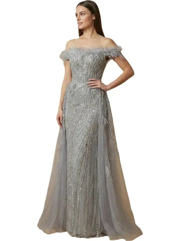 LARA NEW YORK Off-the-shoulder Feathered Gown - Slate