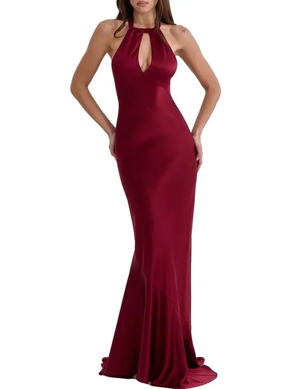 House Of Cb Oliviana Cutout Satin Halter Gown - Wine