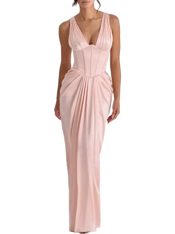House Of Cb Angeline Sleeveless Satin Corset Gown - Blush