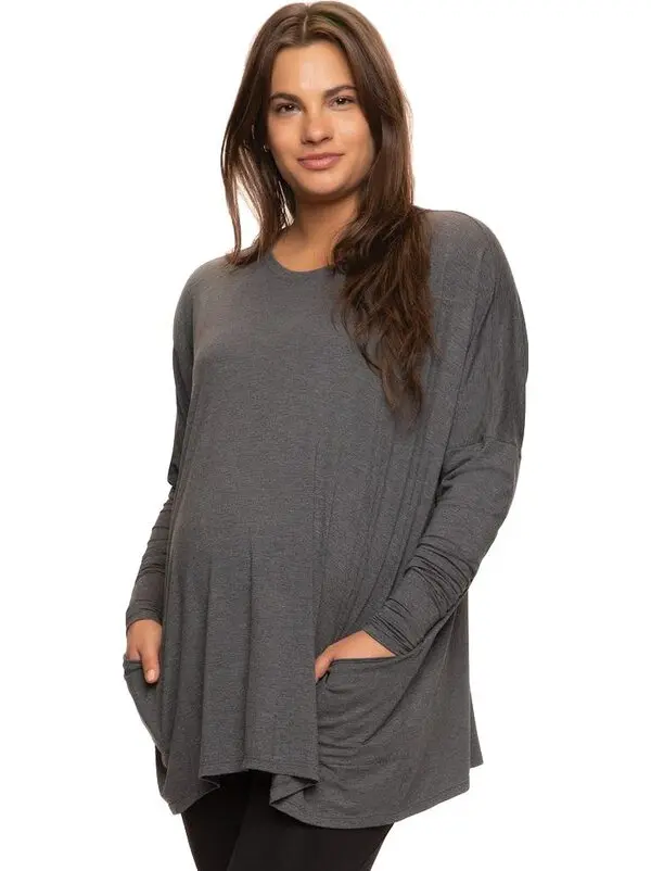 Felina Modal Span Side Drape Maternity Long Sleeve Top - Heathered Charcoal
