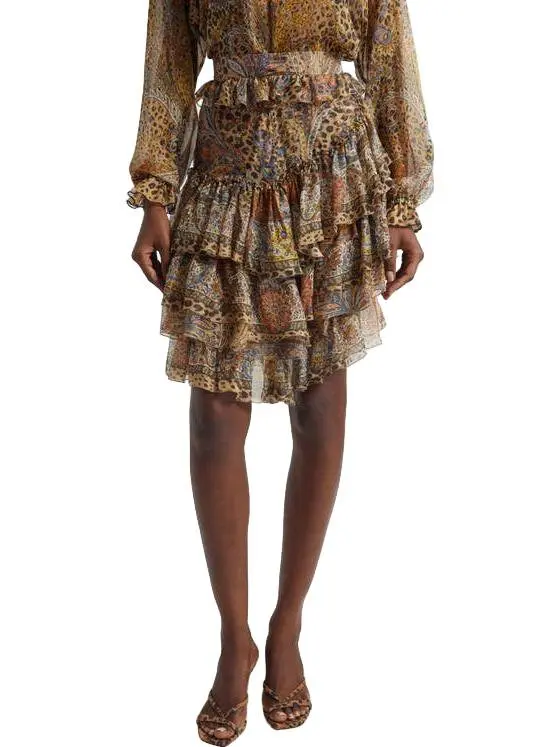 Etro Paisley Leopard Spot Tiered High-low Silk Miniskirt - Dark Brown