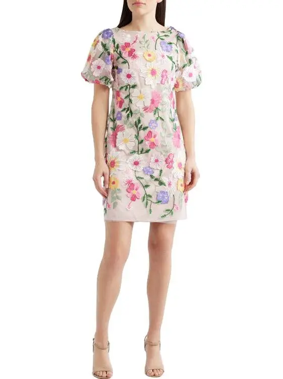 Eliza J Embroidered Floral Shift Dress - Pink Multi