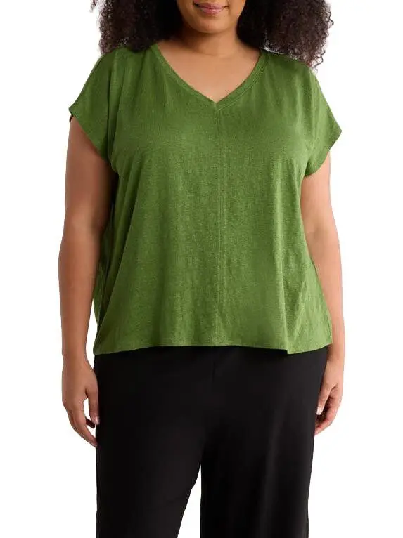 Eileen Fisher Boxy V-neck Organic Linen T-shirt - Field