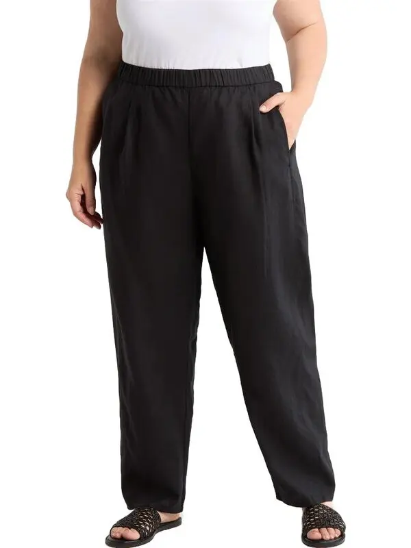Eileen Fisher Pleated Organic Linen Ankle Lantern Pants - Black