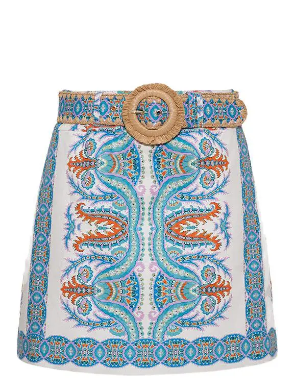 Cara Cara Printed Mini Skirt With Buckled Belt - Cypress Egret