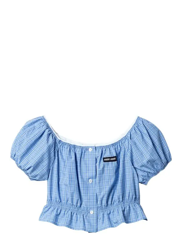 Miu Miu Cotton Poplin Check Crop Top - Turquoise