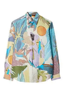 Paul Smith Pastel 'river Collage' Viscose-blend Shirt - Blue