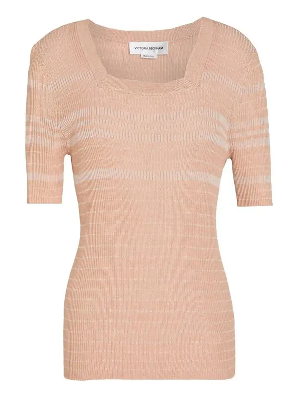 Victoria Beckham Striped Ribbed Silk And Cotton-blend Top - Sand