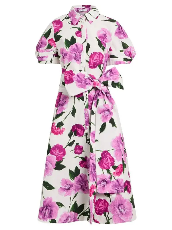 Erdem Belted Floral-print Cotton-faille Midi Shirt Dress - Magenta