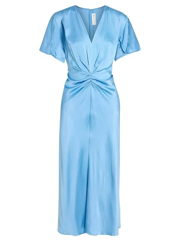 Victoria Beckham Ruched Satin-crepe Midi Dress - Light Blue