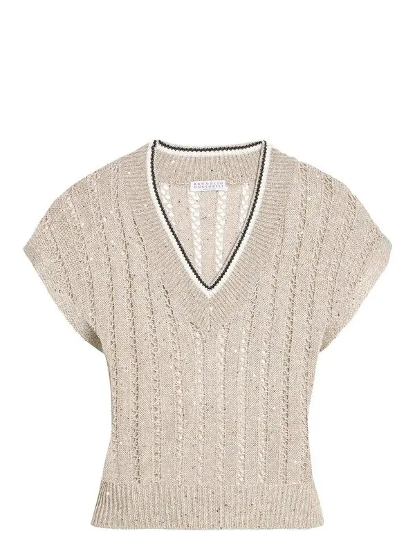 Brunello Cucinelli Sequin-embellished Open-knit Linen-blend Top - Beige