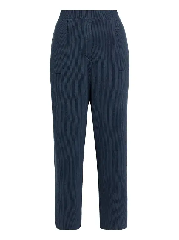 Brunello Cucinelli Cropped Ribbed Cotton Tapered Pants - Navy