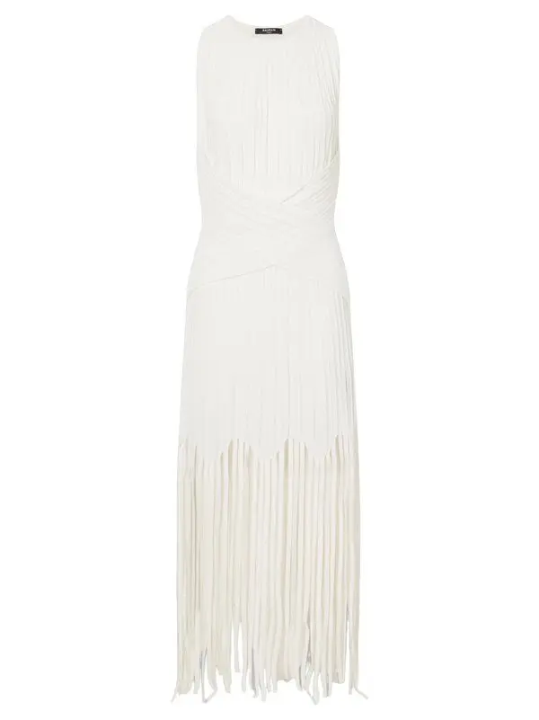 Balmain Fringed Pointelle-knit Midi Dress - Neutrals