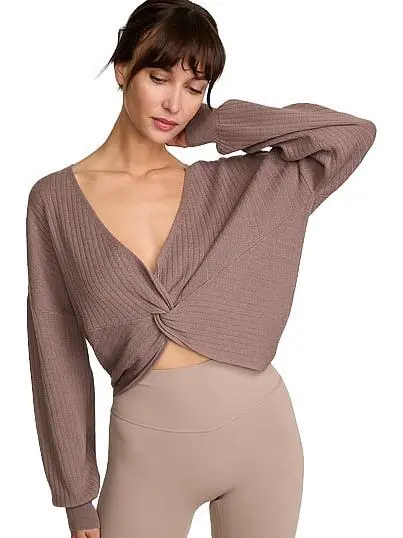 Victoria's Secret Vsx Twist Rib Knit Crop Sweater - Grey