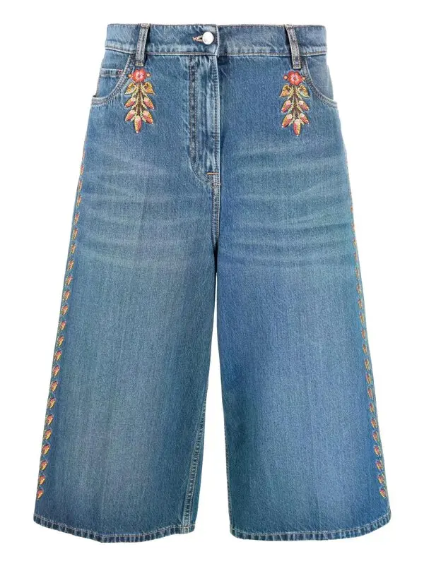 Etro Floral-embroidered Wide-leg Denim Culottes - Blue