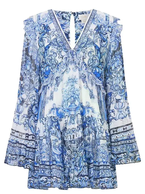 Camilla A Tiled Wonderland Ruffled Tiered Mini Dress - Blue