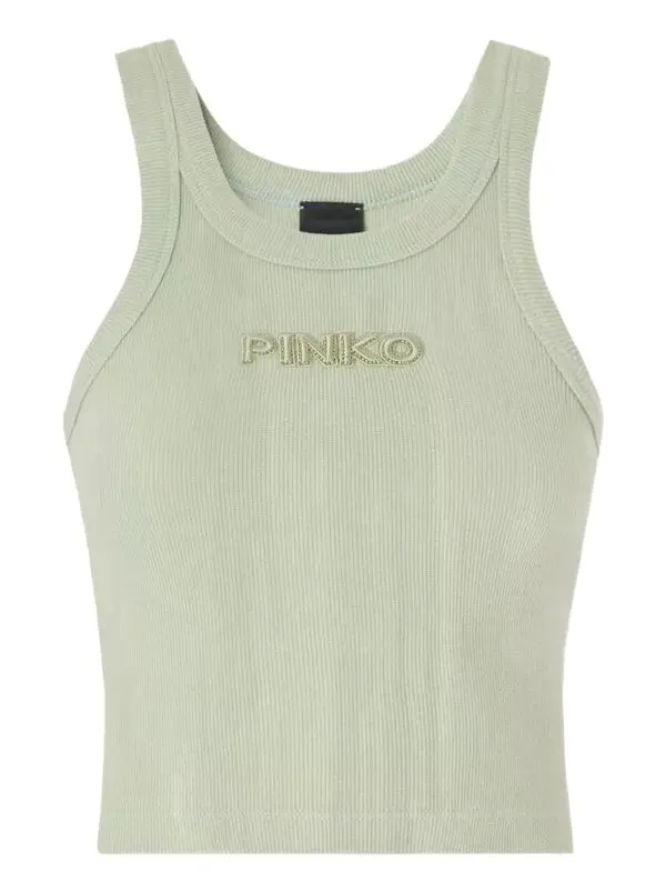 Pinko Cropped Ribbed Cotton Vest Top With Embroidered Logo - Green