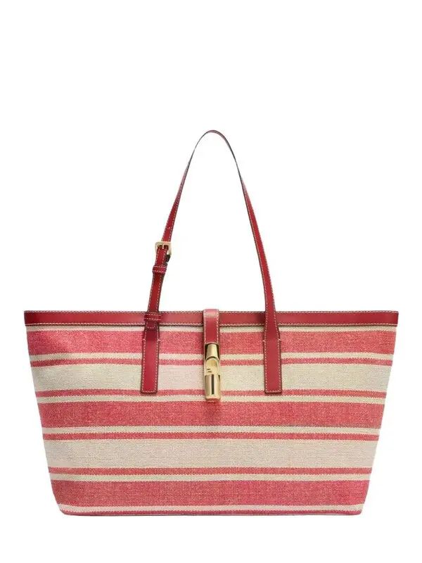 Furla Large Striped Canvas Tote Bag With Leather Details - Red