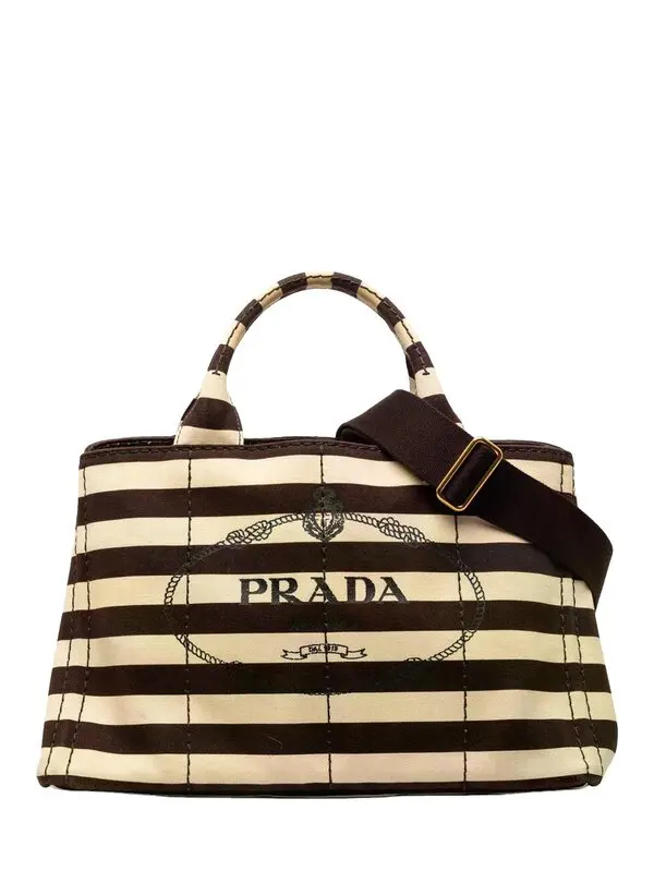 Prada 2013-2016 Canvas Canapa Righe Striped Satchel - Brown