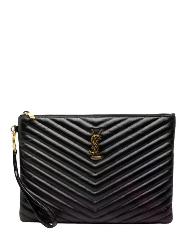 Saint Laurent 2020 Chevron Calfskin Monogram Zip A4 Pouch - Black