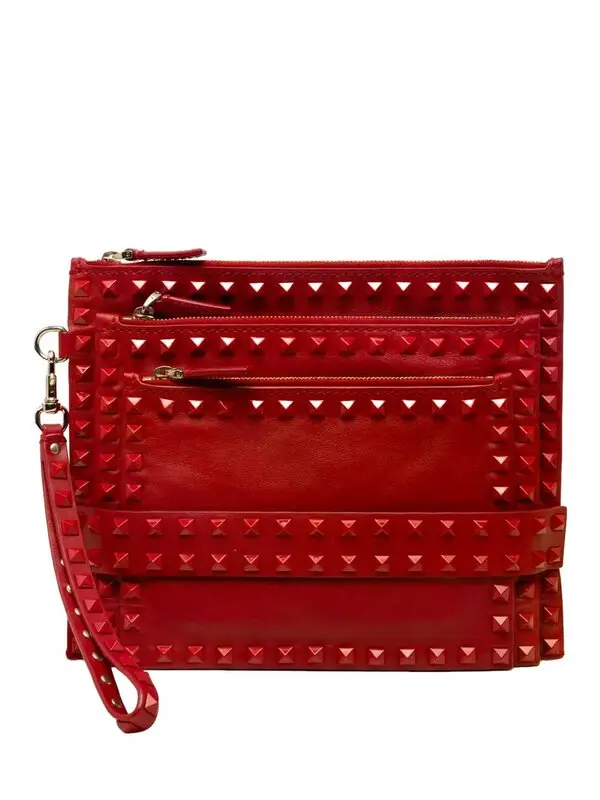 Valentino Garavani 2013 Leather Rockstud Triple Zip Clutch Bag - Red