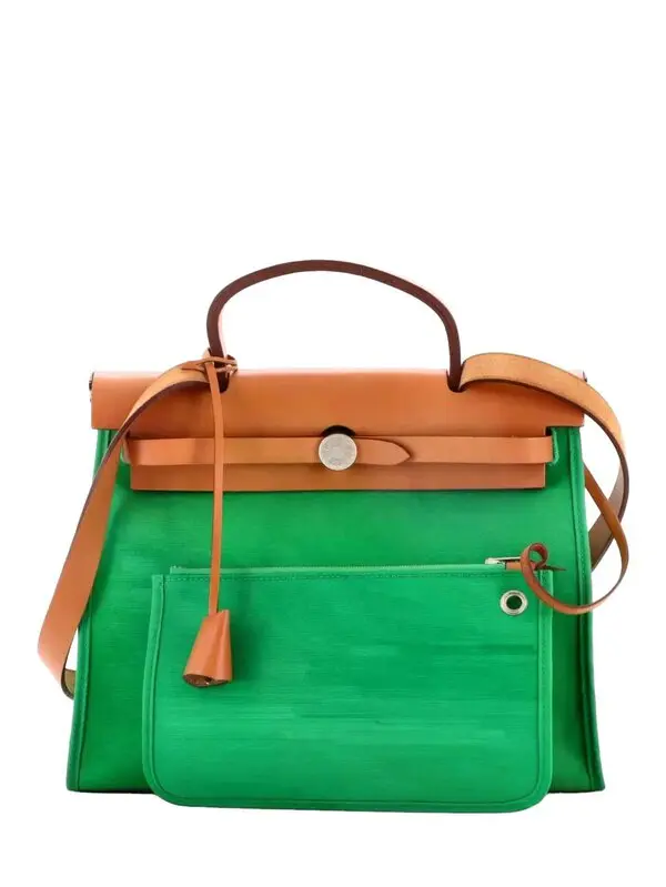 Hermès Herbag Zip Leather And Toile 31 Shoulder Bag - Green