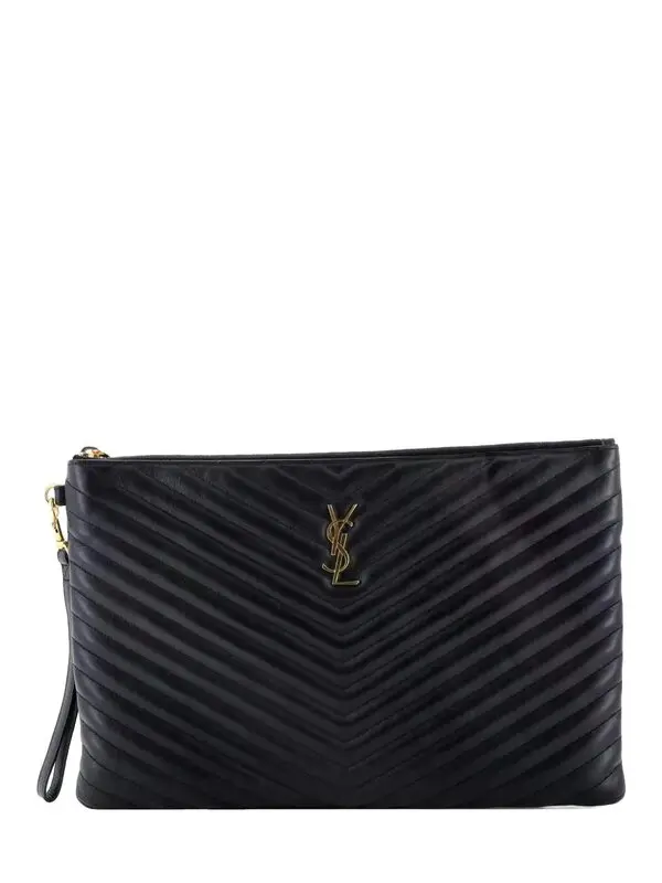Saint Laurent Classic Monogram Wristlet Pouch Matelasse Chevron Leather Large Clutch Bag - Black