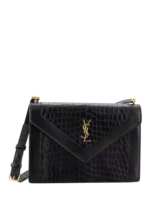 Saint Laurent Gaby Envelope Satchel Crocodile Embossed Leather Shoulder Bag - Black