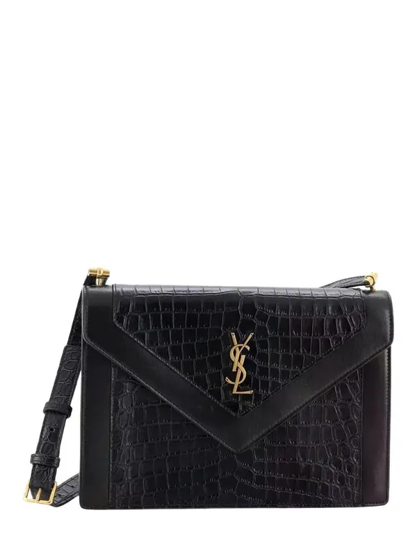 Saint Laurent Gaby Envelope Satchel Crocodile Embossed Leather Shoulder Bag - Black