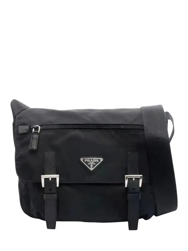 Prada Tessuto Zip Double Buckle Messenger Crossbody Bag - Black