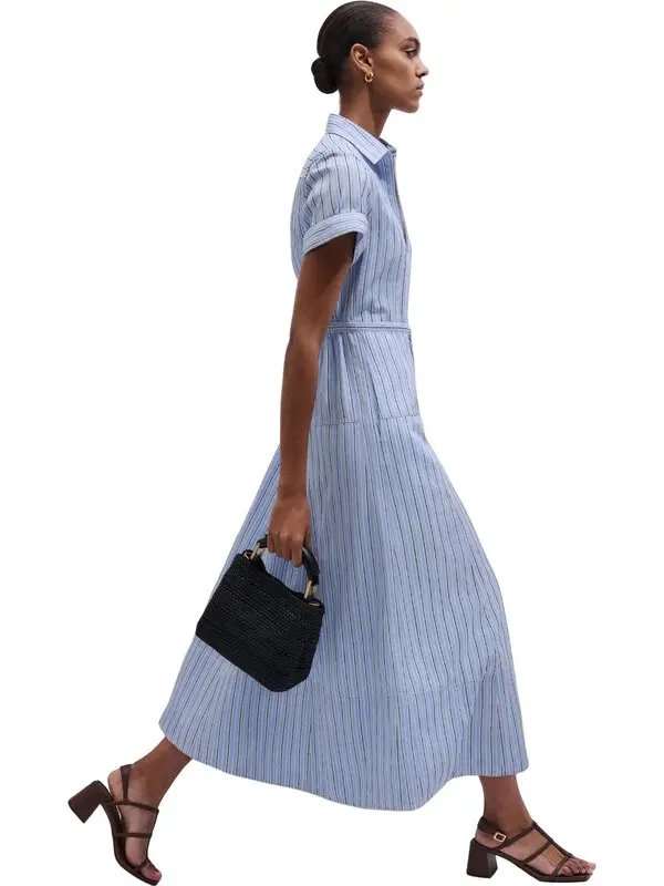 ME+EM Drawstring Waist Maxi Shirt Dress - Blue/white