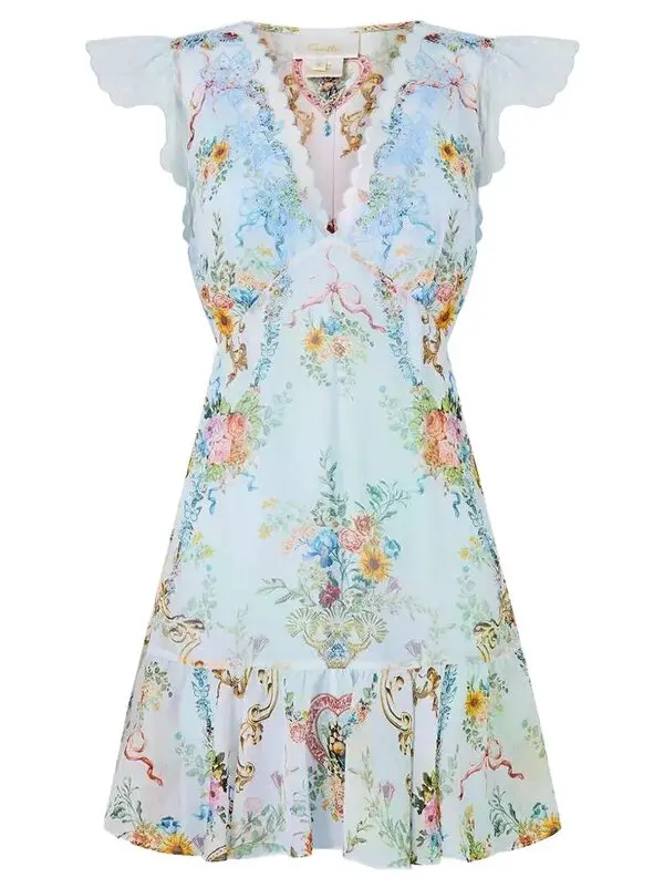 Camilla Ruffled-sleeve Mini Dress - Blue