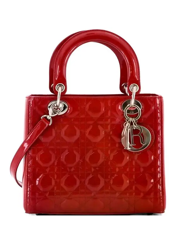 Dior Lady Cannage Quilt Patent Medium Satchel - Red
