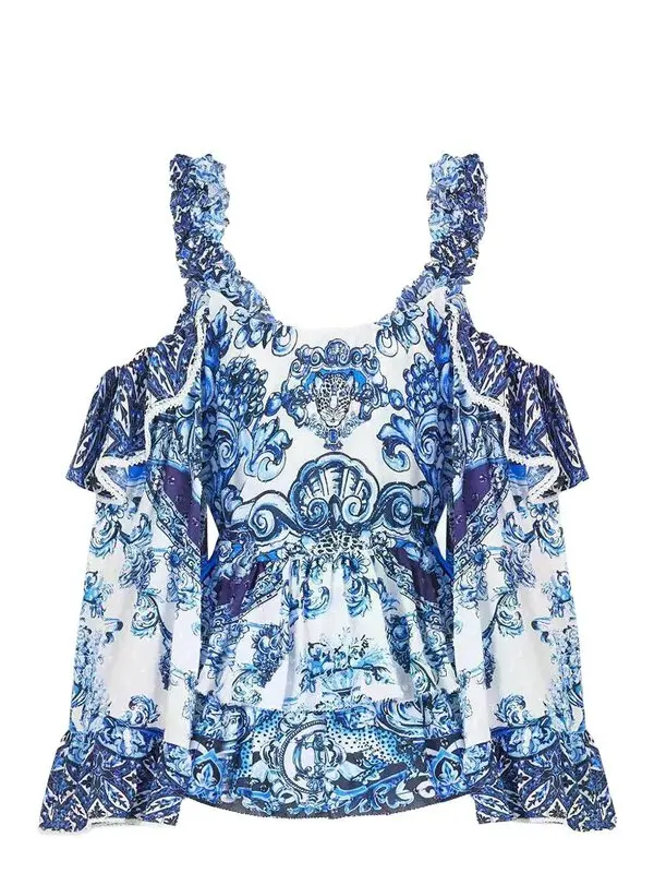 Camilla A Tiled Wonderland Ruffled Blouse - White