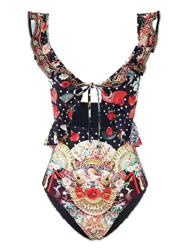 Camilla Bodysuit With Ruffled Straps And V-neck - Black